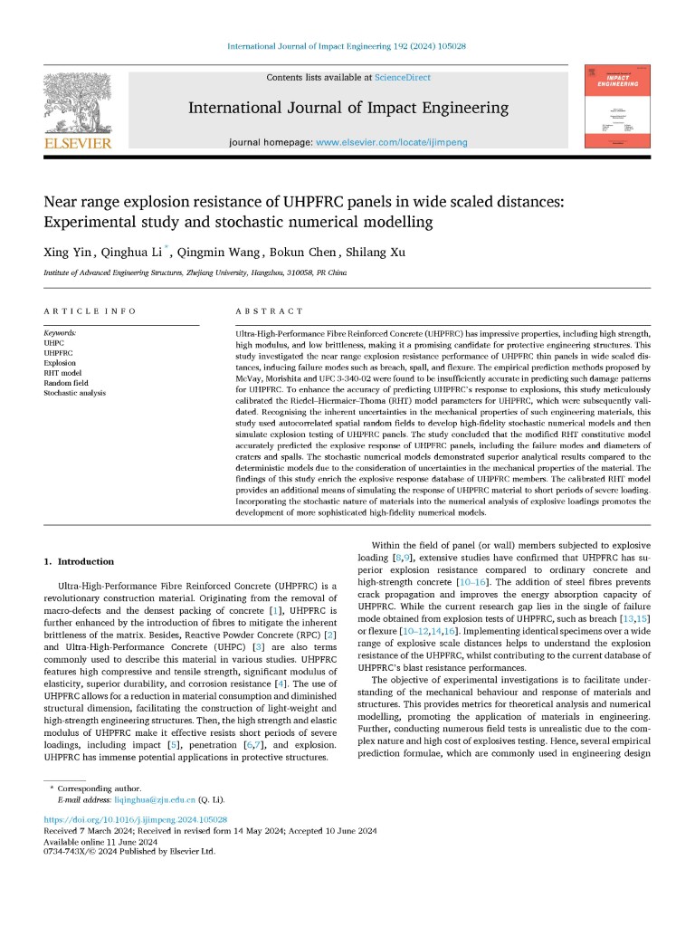 Near range explosion resistance of UHPFRC panels in wide scaled ...